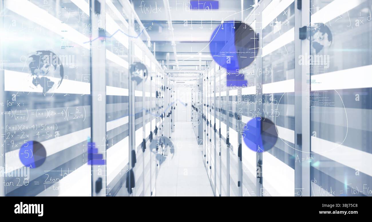 Showing data center corridor featuring floating data nodes, with server racks and network cables ...