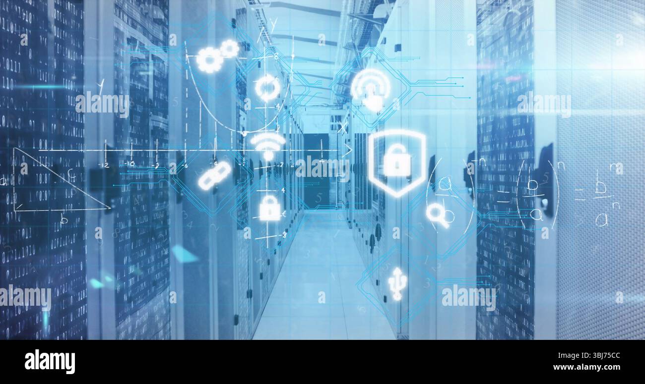 Displaying aisle of server racks with data lights in data center ...