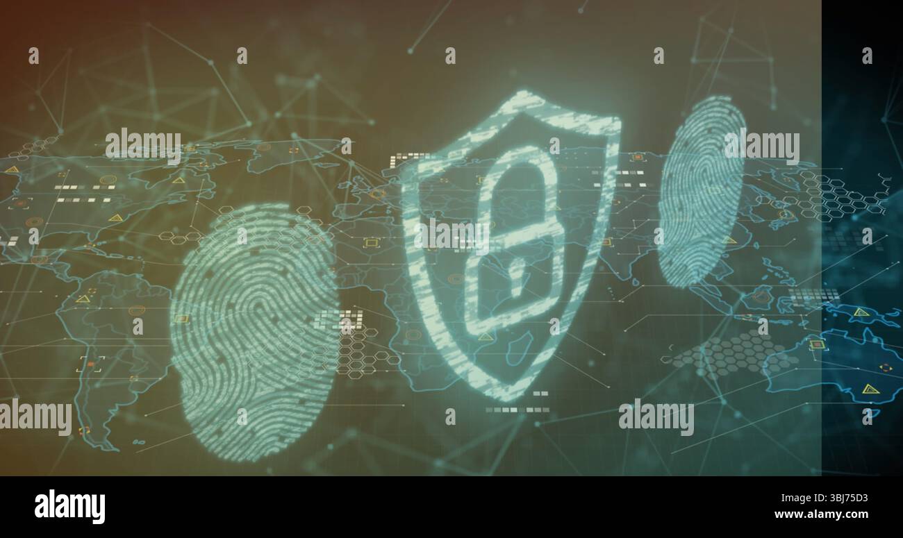 Showing shield icon with padlock glowing in world map interface, with ...