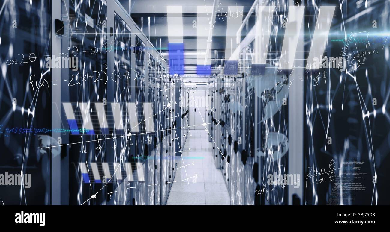 Displaying central data center corridor hosting glowing network diagrams, with server racks ...