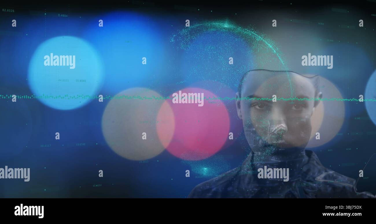 Avatar face showing holographic data in virtual space, with particle ...