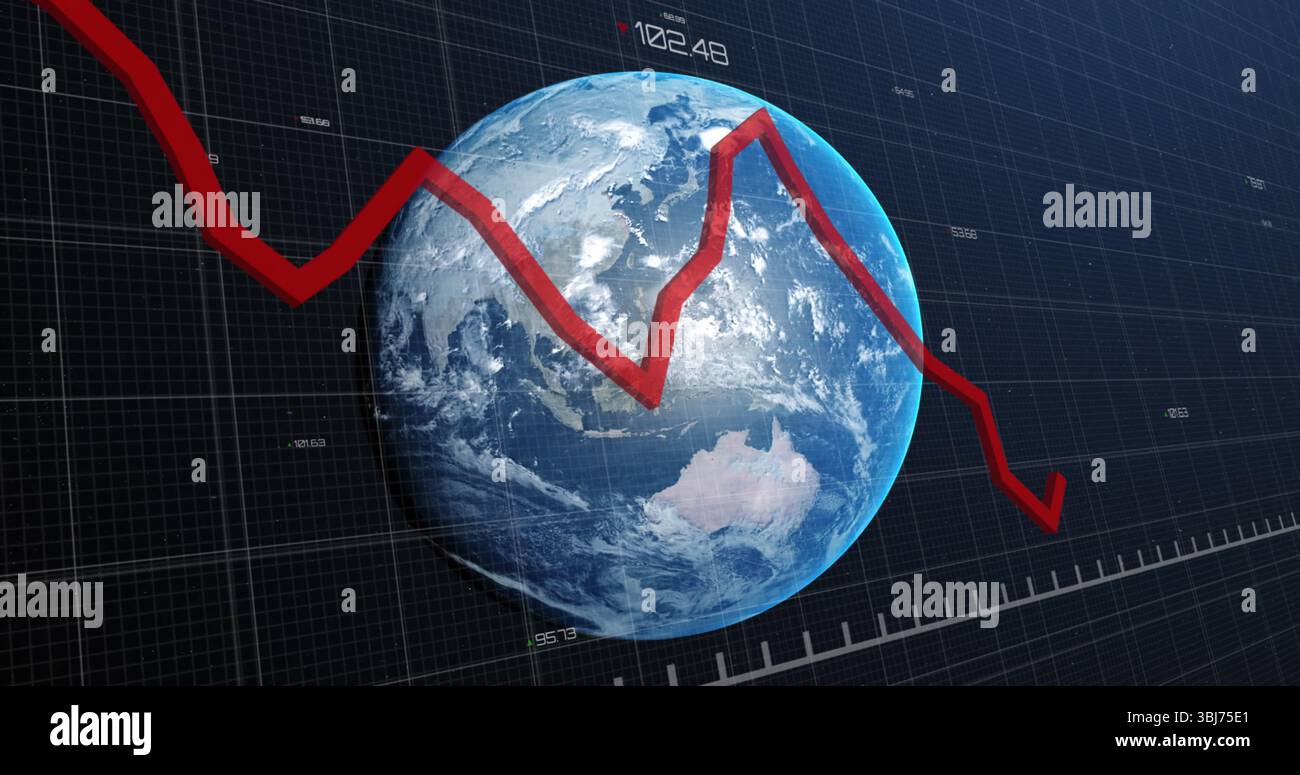 Presenting planet Earth against dark blue grid with red downward ...
