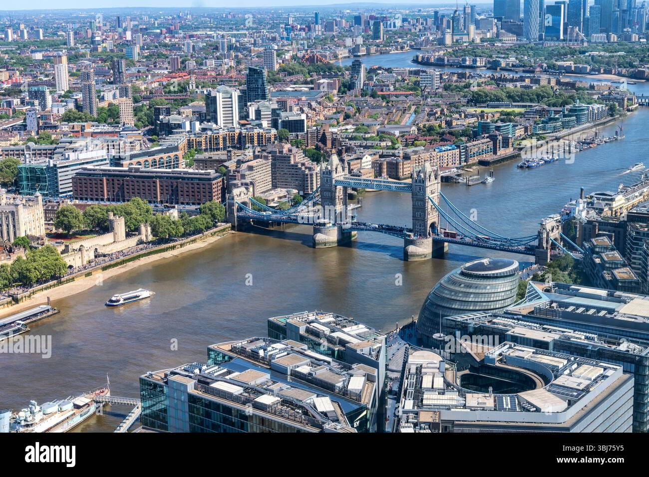 Aerial view of the River Thames and the Tower Bridge in London Stock ...