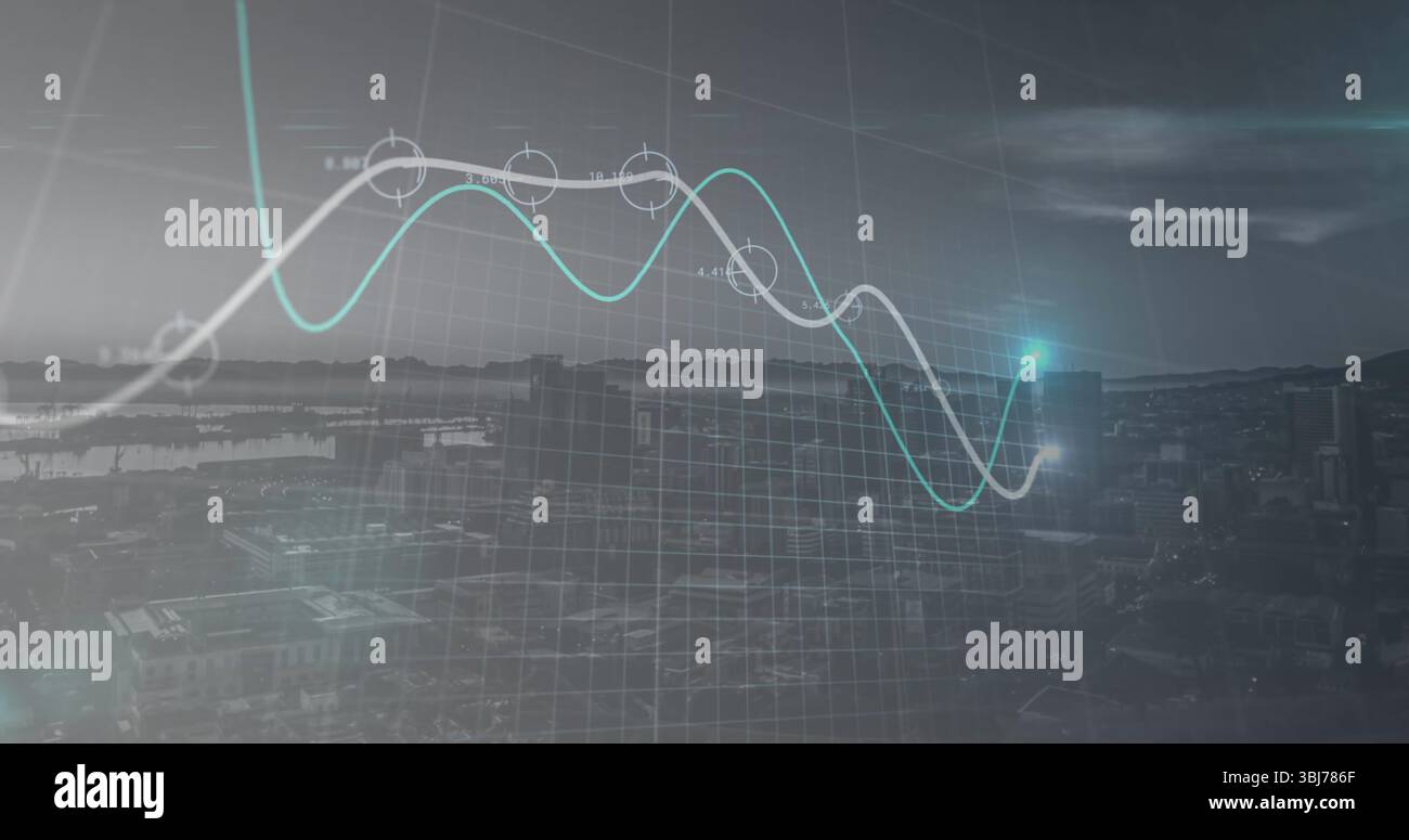 Projecting grid overlay with teal white trend lines and data markers ...