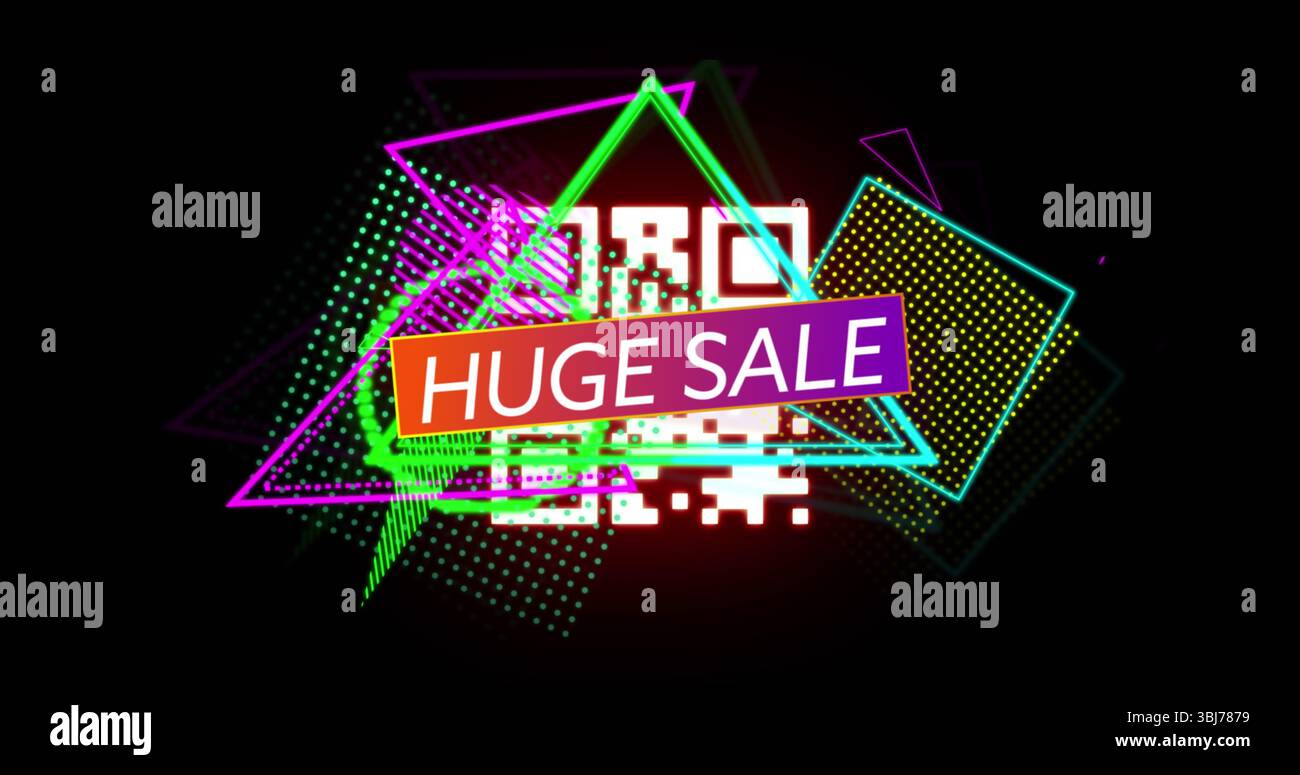 Displaying QR code and huge sale banner in dark layout with neon shapes ...
