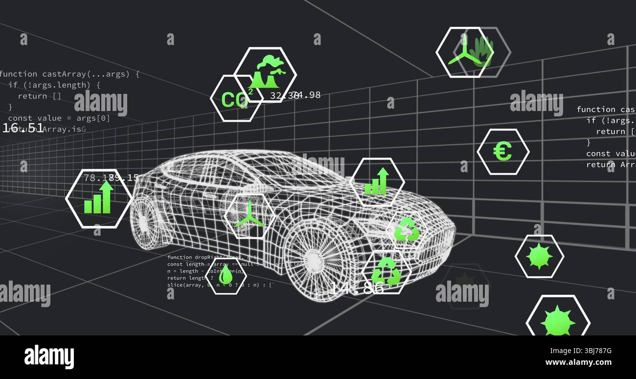 Displaying wireframe car model rotating in grid in virtual studio ...