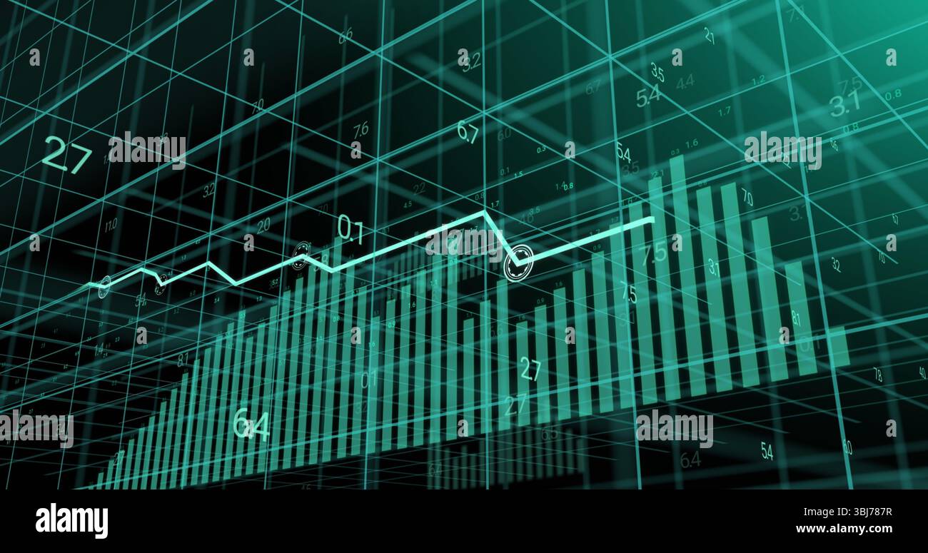 Displaying turquoise 3D bar chart in grid space, with glowing white line graph and numeric ...