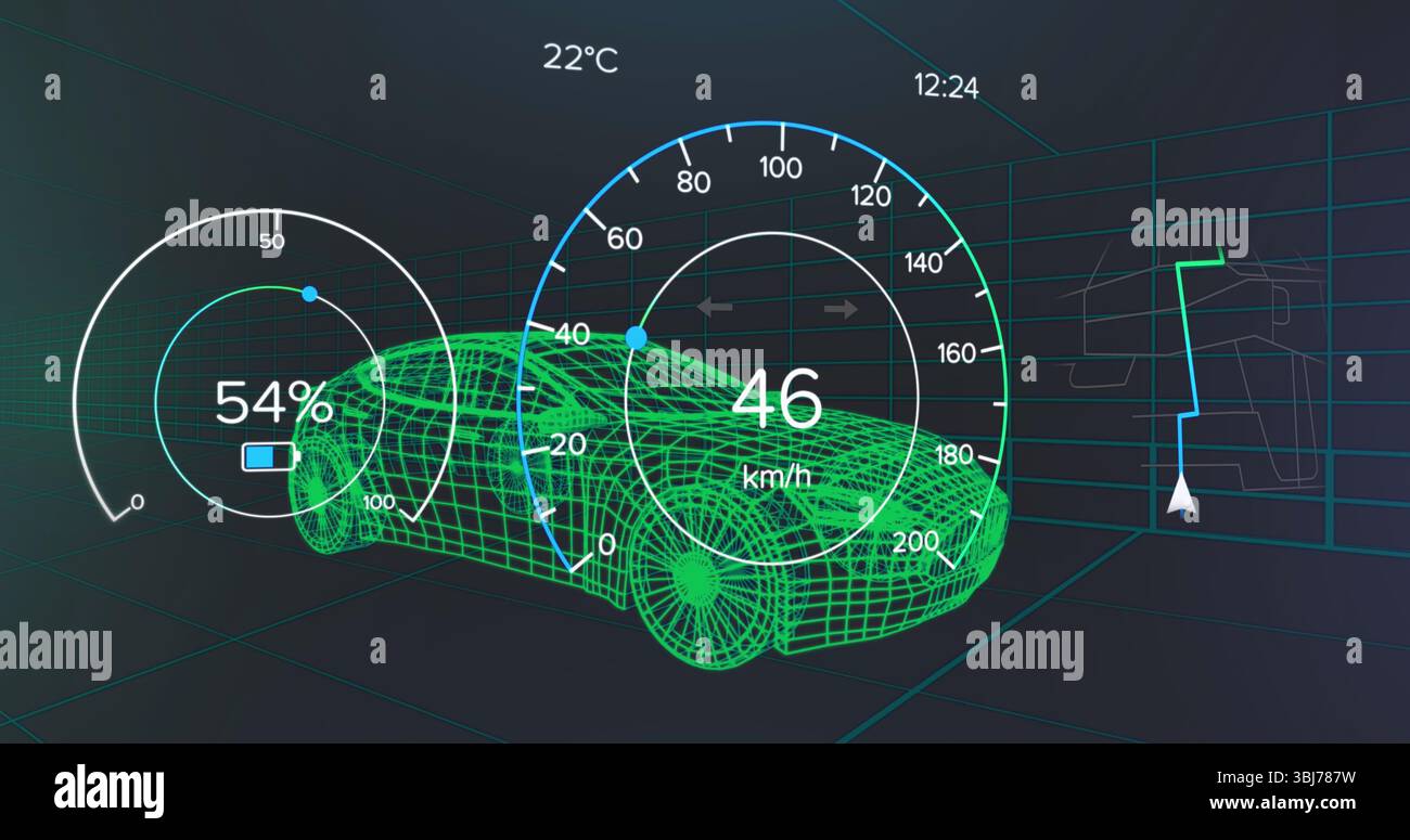 Displaying green wireframe car hovering in virtual grid space, with instrument cluster overlays ...