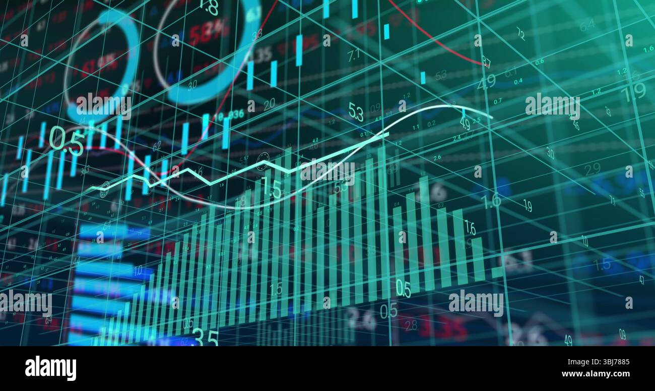 Displaying teal bar chart in dashboard showing numeric grid overlays, fluctuating line graph ...