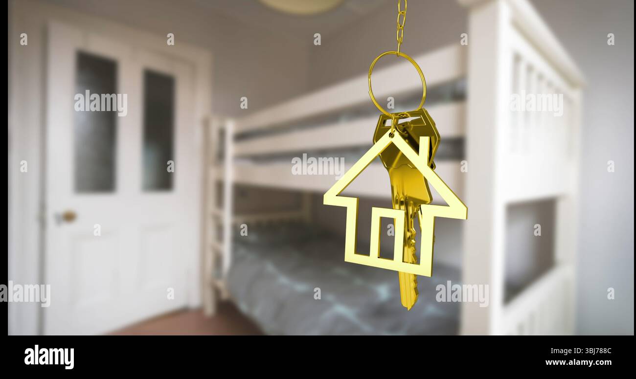 Dangling gold house keychain swinging in bedroom, with attached keys ...
