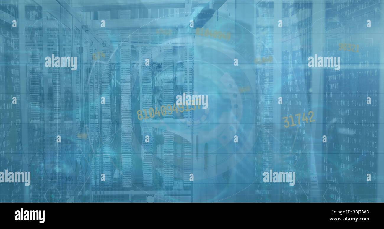 Bank of server racks streaming binary code via cables in data center, with holographic interface ...