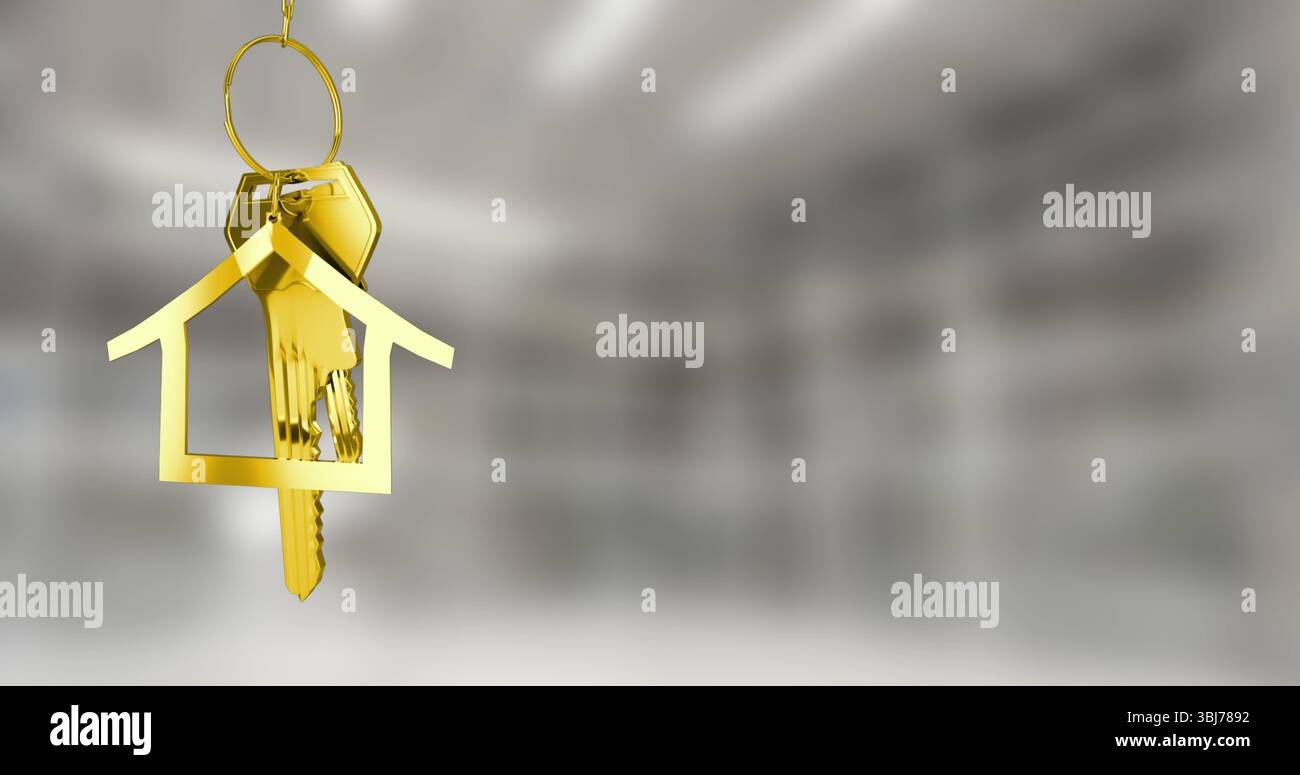 Displaying house-shaped gold keychain hanging in gray interior, with ...