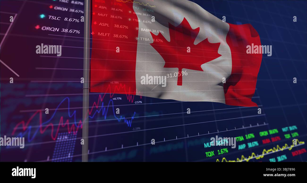Billowing Canadian flag flying across digital trading screen with ...