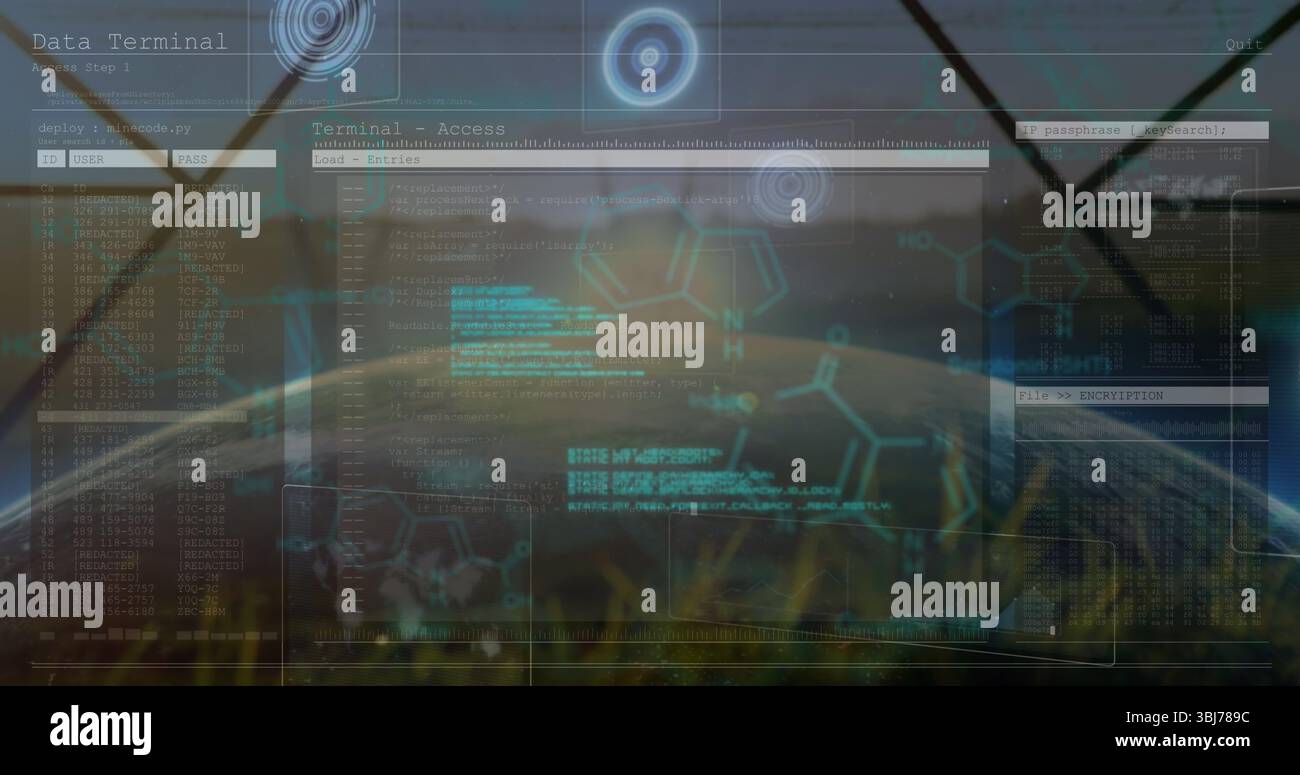Displaying holographic terminal interface in grass field, showing code ...