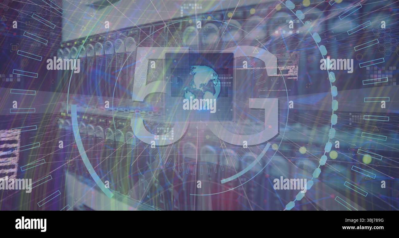 Projecting holographic 5G symbol with globe icon hovering above data ...