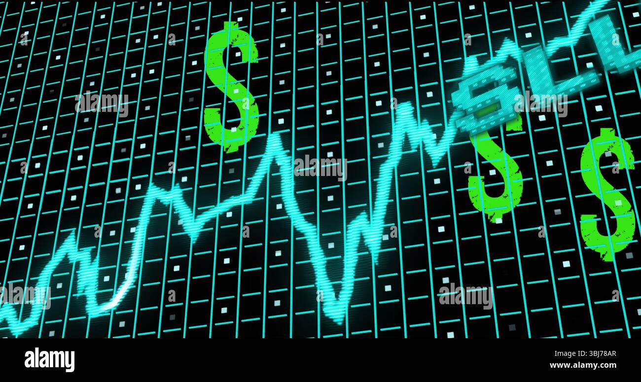 Neon cyan line graph fluctuating across trading interface grid, with ...