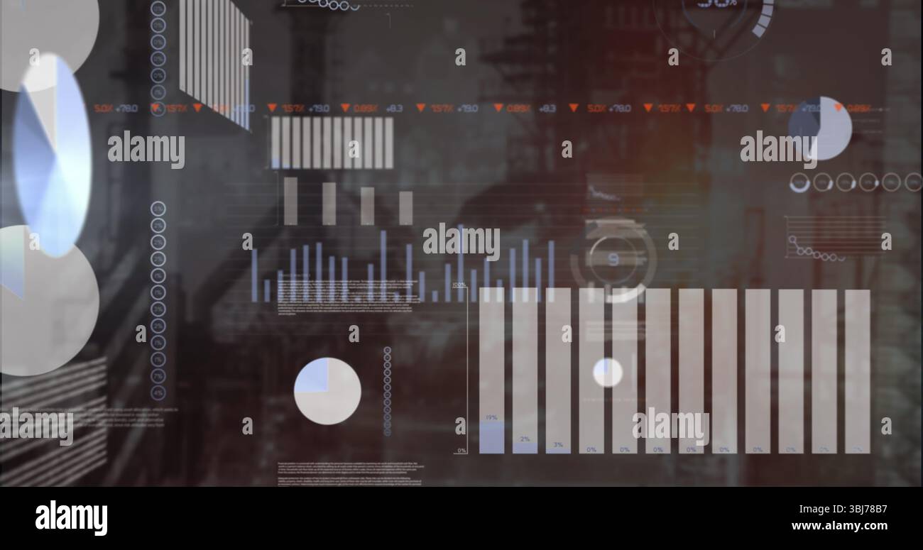 Displaying HUD-style dashboard showing data graphs in industrial ...