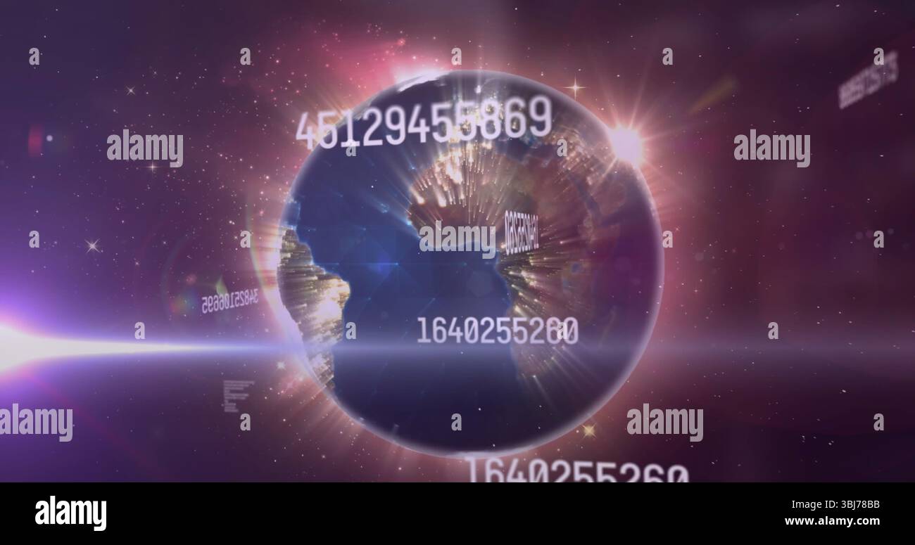 Orbiting digital Earth globe emitting numeric codes in outer space ...