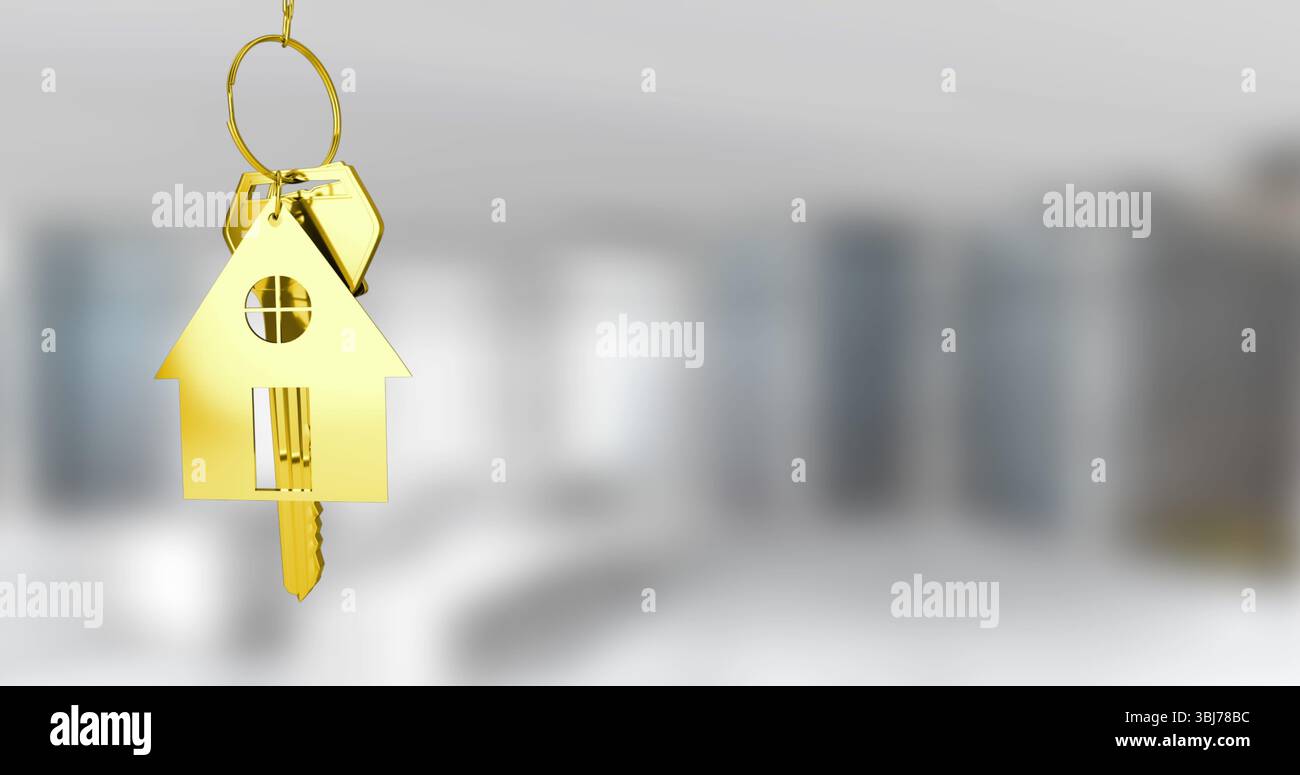 Hanging gold house-shaped key fob with keys on ring in modern kitchen ...
