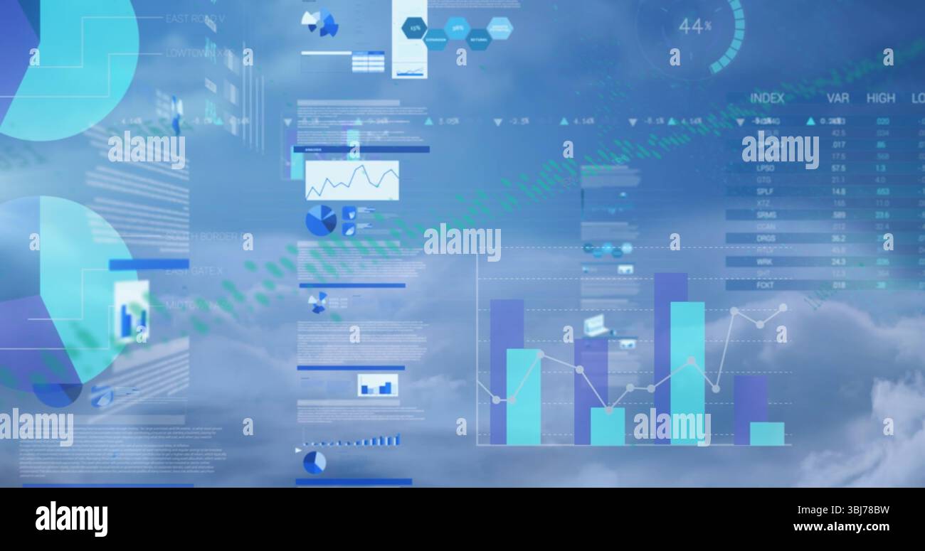 Visuals showing bar or line charts, pie charts, hex icons and numeric ...