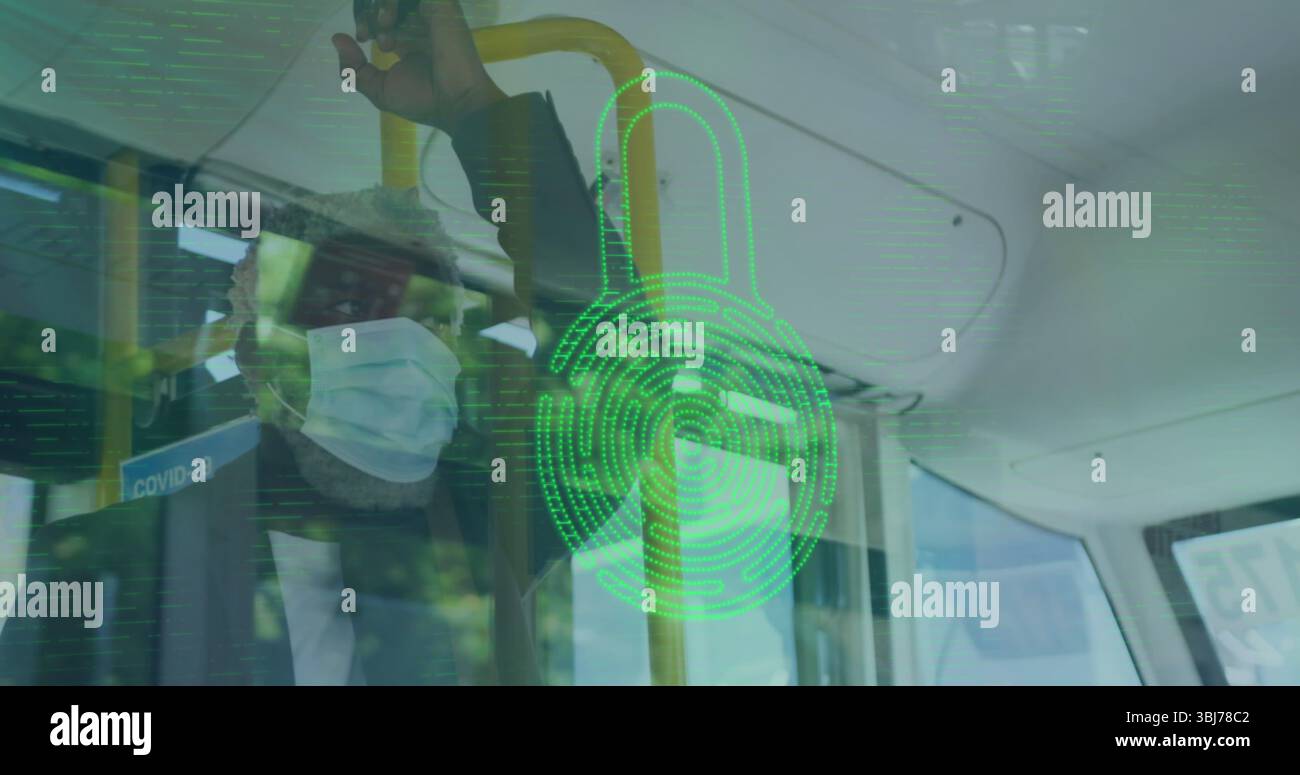 Standing commuter in suit and mask holding handrail on bus, with ...