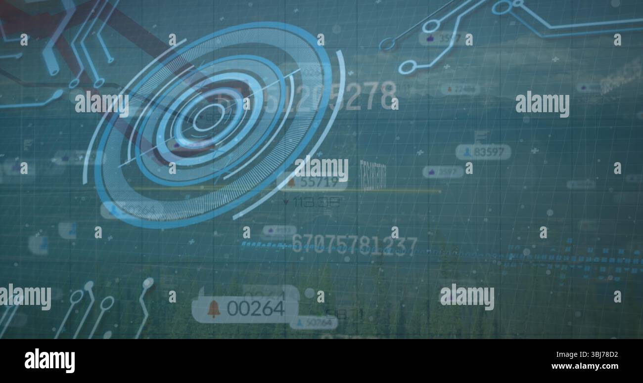 Displaying holographic circular interface overlaying forest showing data streams and circuit ...