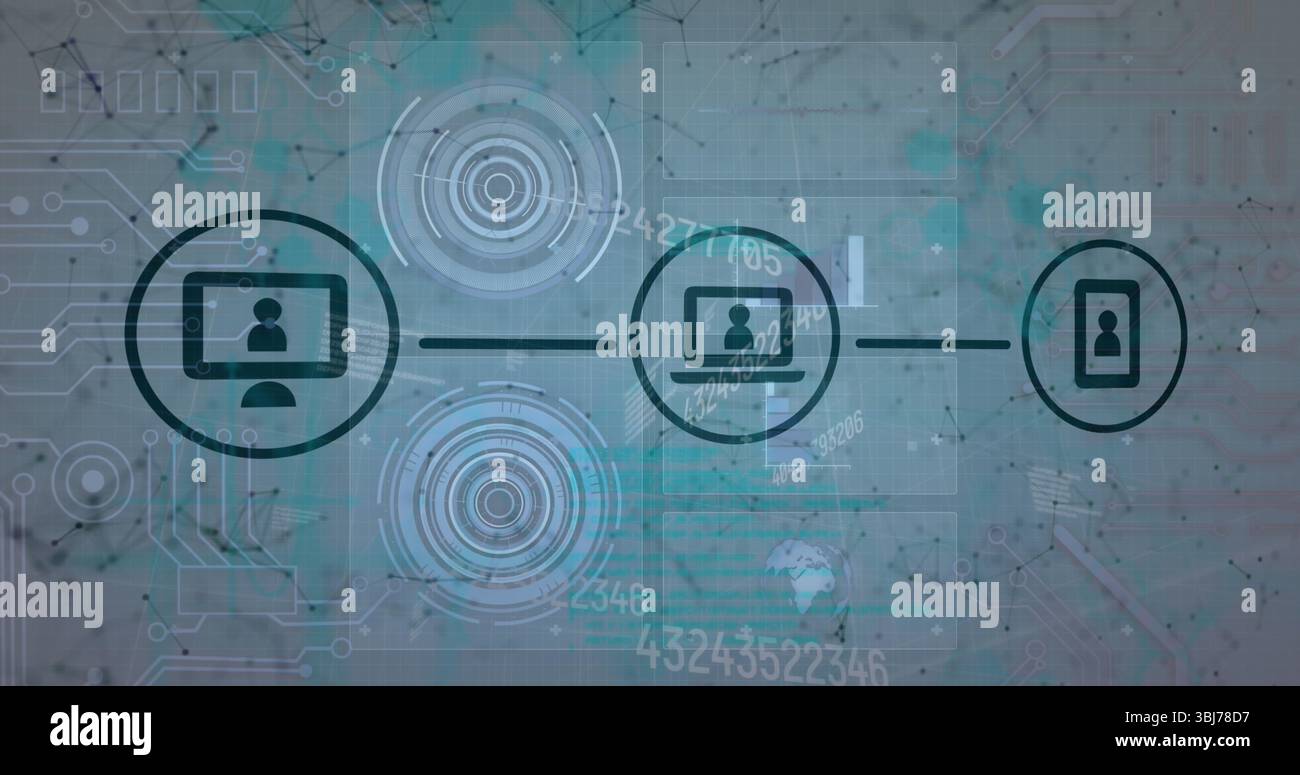 Connecting device icons with lines illustrating data flow in network ...