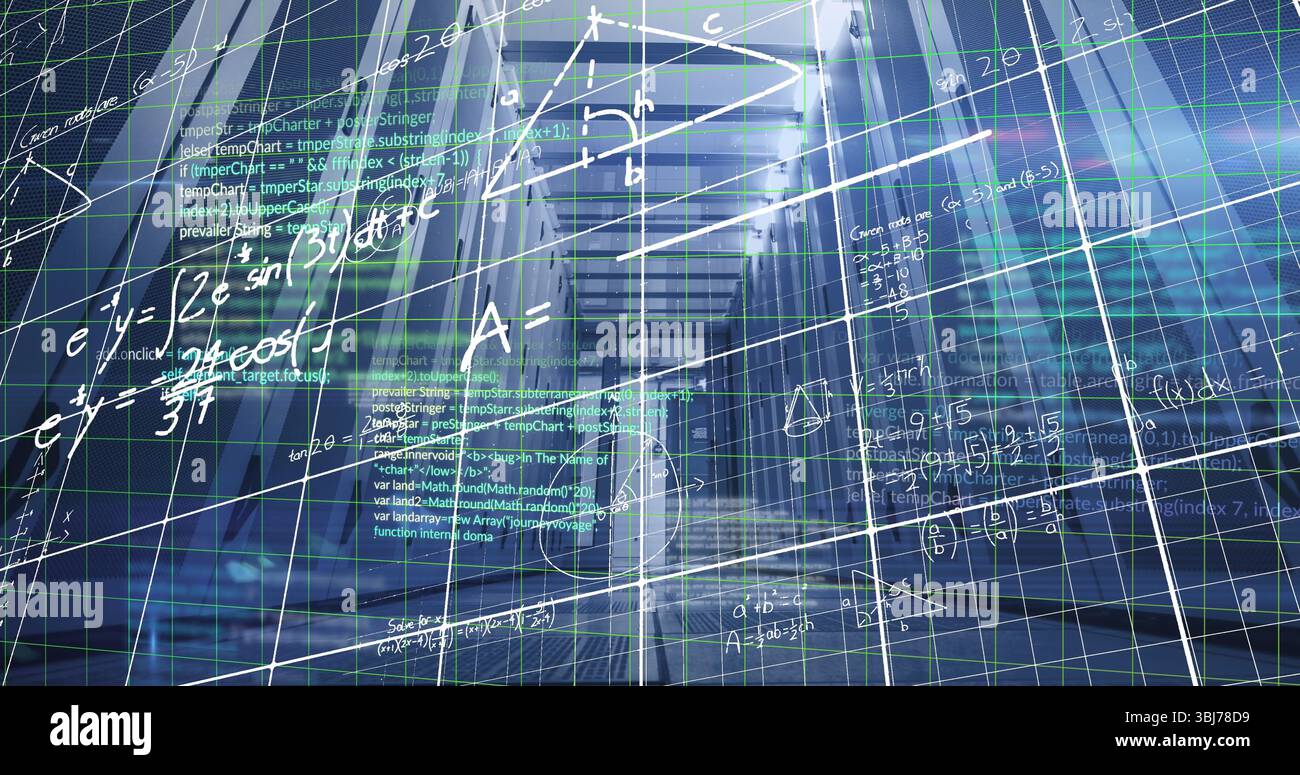 Displaying data corridor spanning panels in data center, with floating grid lines and formulas ...