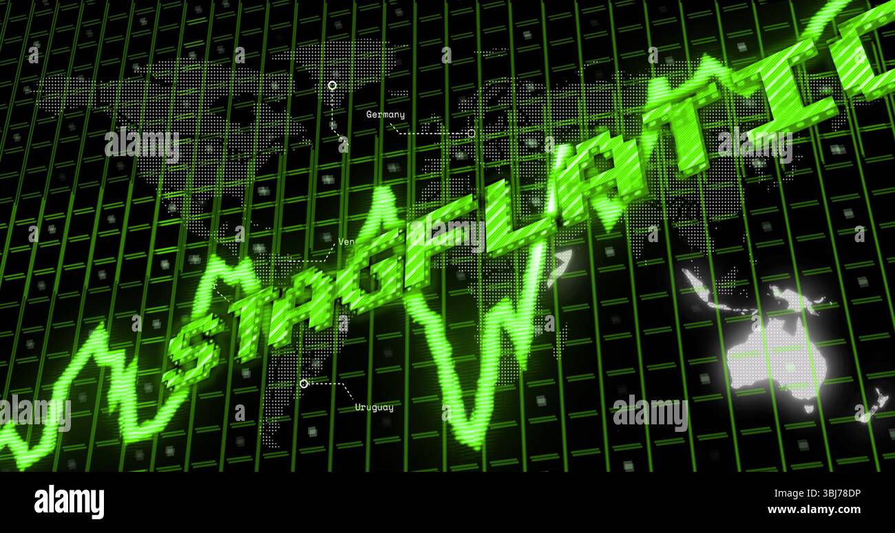 Displaying green jagged line chart with 3D STAGFLATION in green trading ...