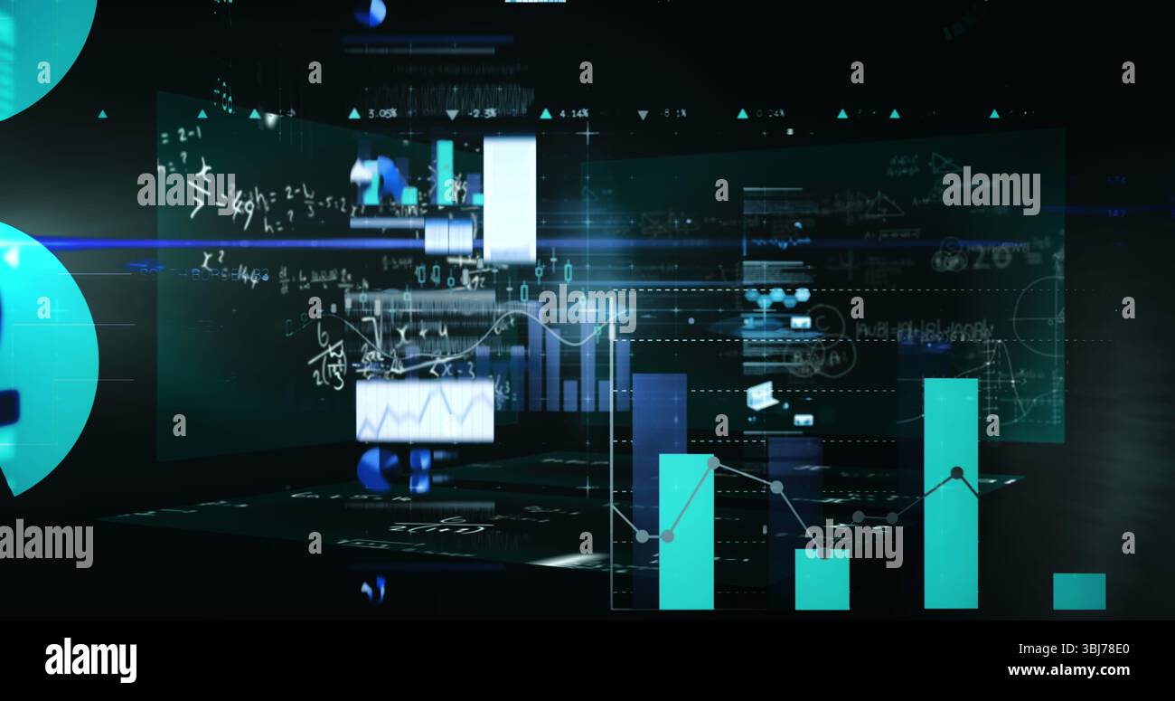 Displaying holographic bar graphs featuring line chart in virtual dashboard with numeric ...