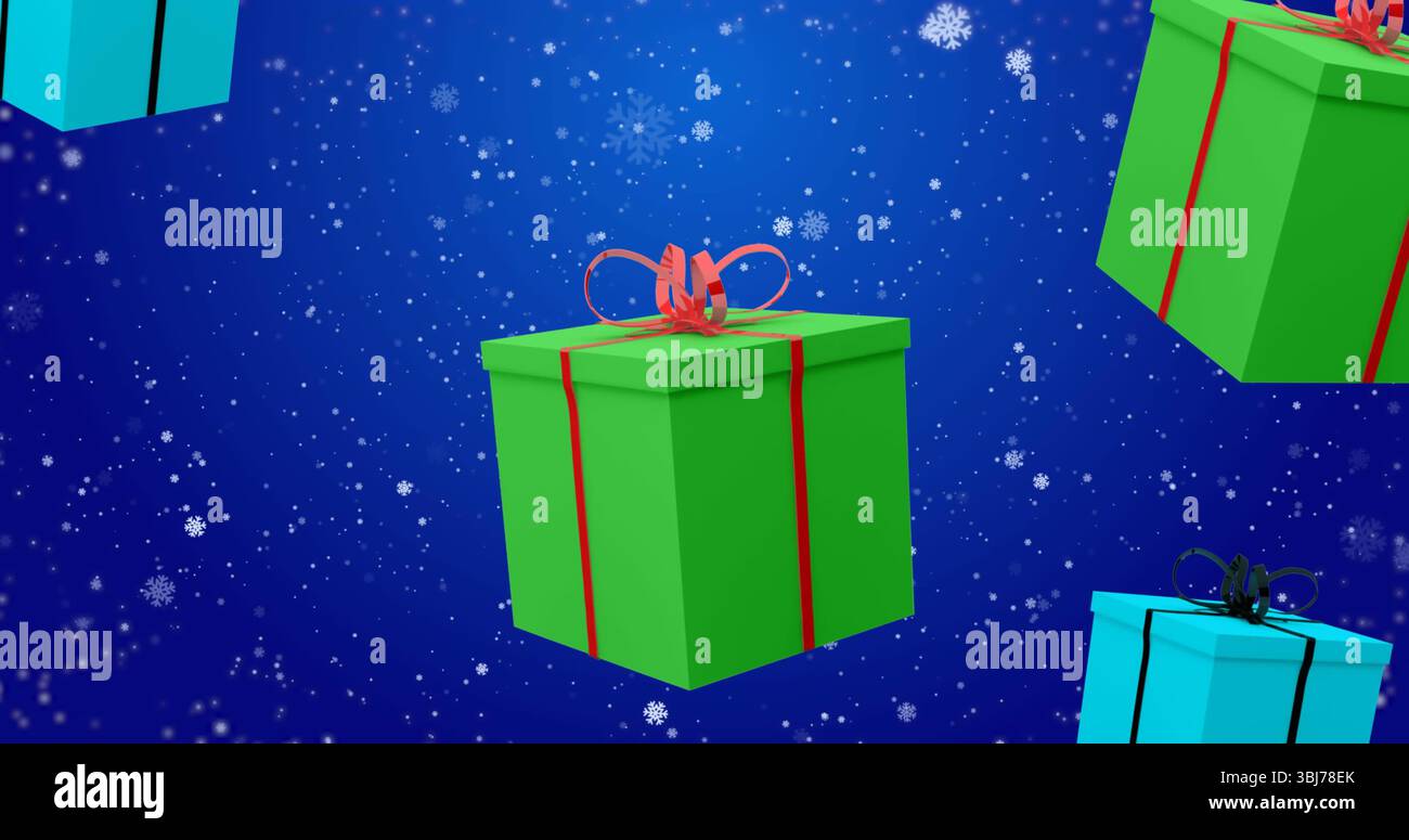 Floating green gift box with red ribbon in blue backdrop, black ...