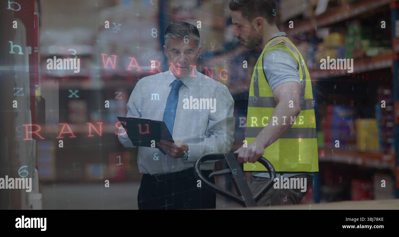 Supervisor and employee discussing inventory in warehouse aisle, with ...