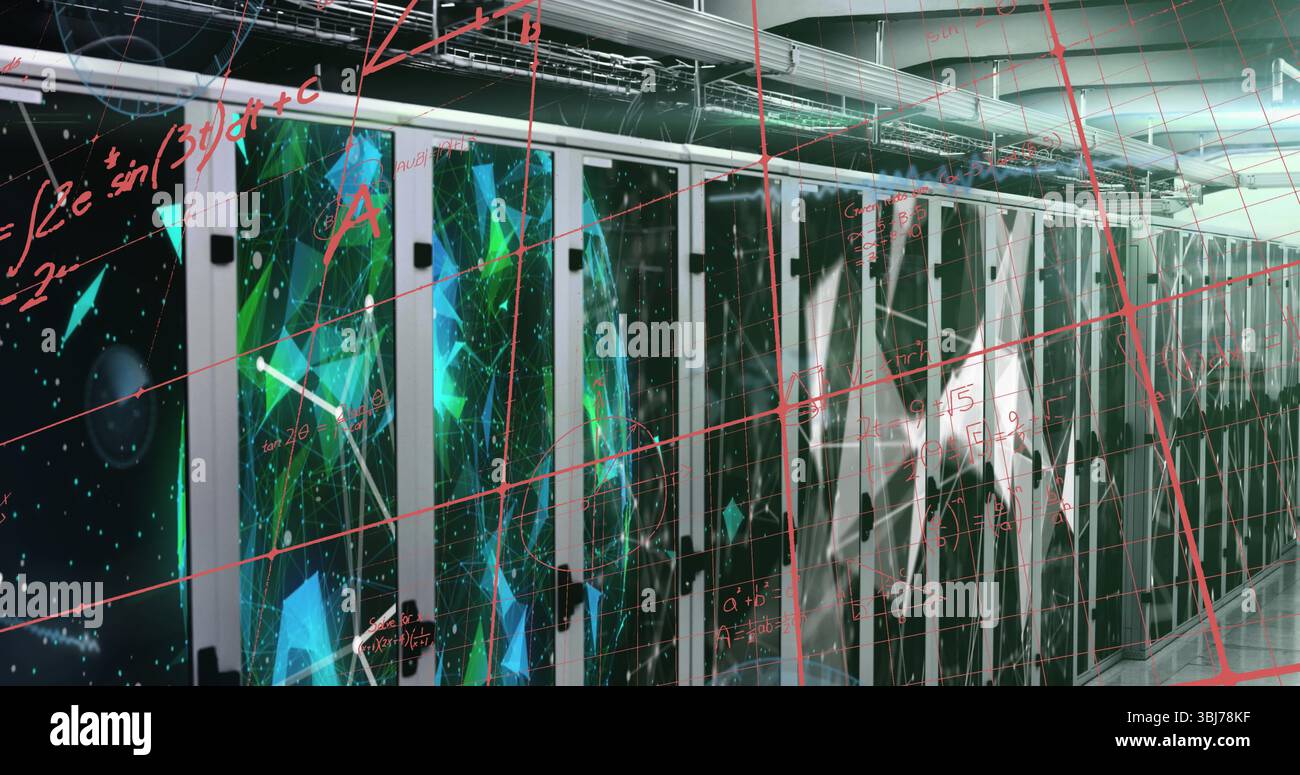 Displaying server rack cabinets glowing green in server room, with cable trays, floating red ...