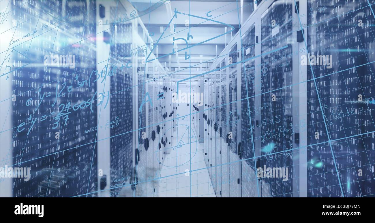 Lining data center hall server racks housing blinking LED servers and ...