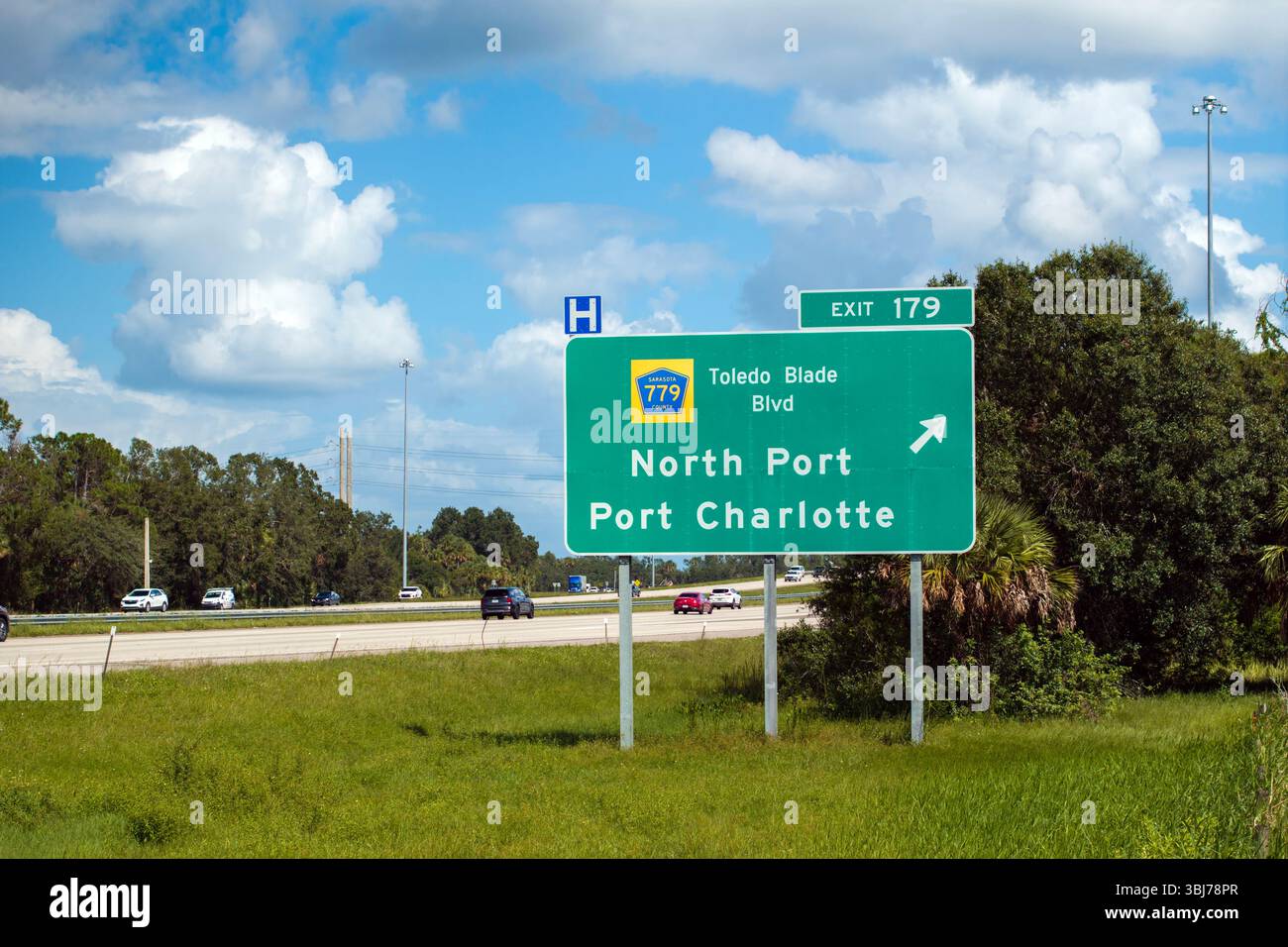 American freeway exit sign in Florida. I-75 highway junction with ...