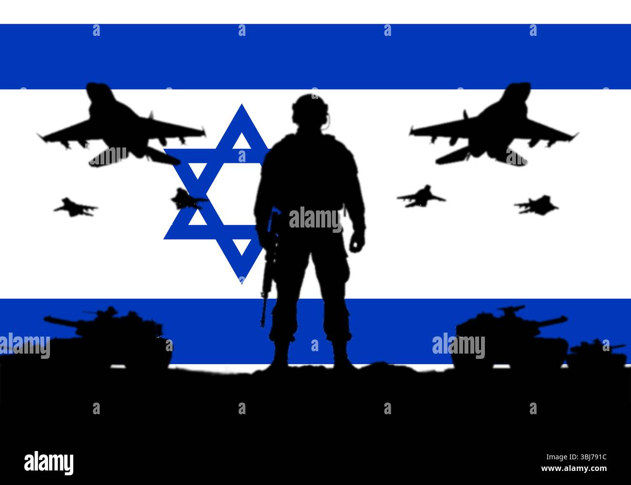 Israeli soldier silhouette standing against waving flag, fighter jets ...