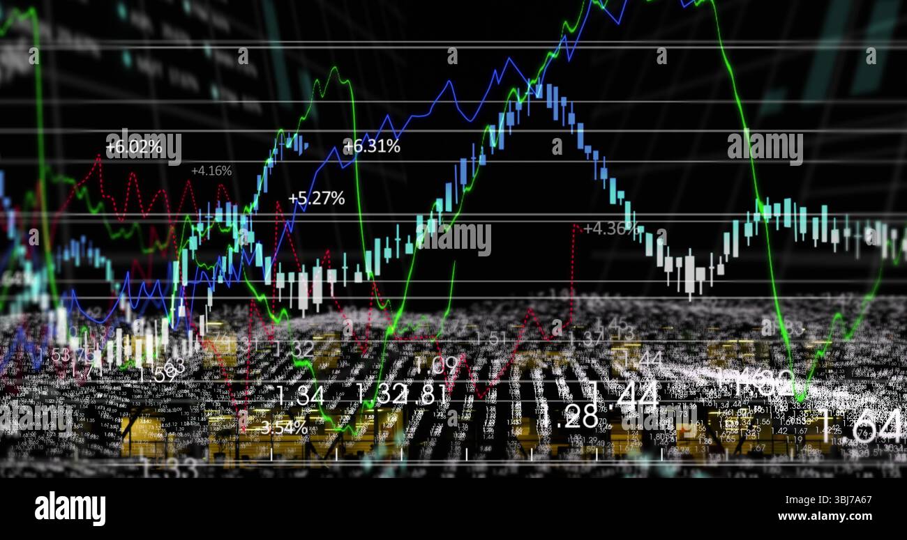 Streaming 3D market line graphs in virtual space with blurred code ...