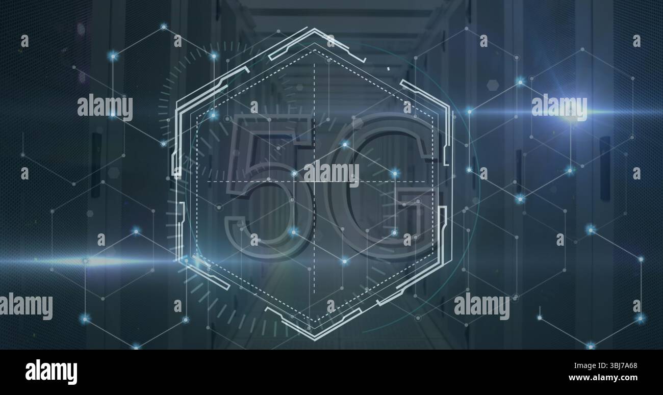 Showcasing large translucent hexagon frame with 5G text and network nodes in data center ...