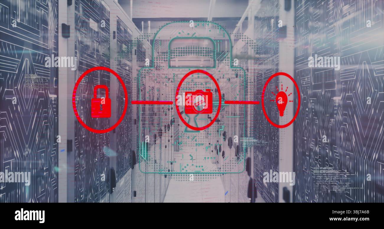 Featuring digital padlock overlay linking red icons among server racks ...