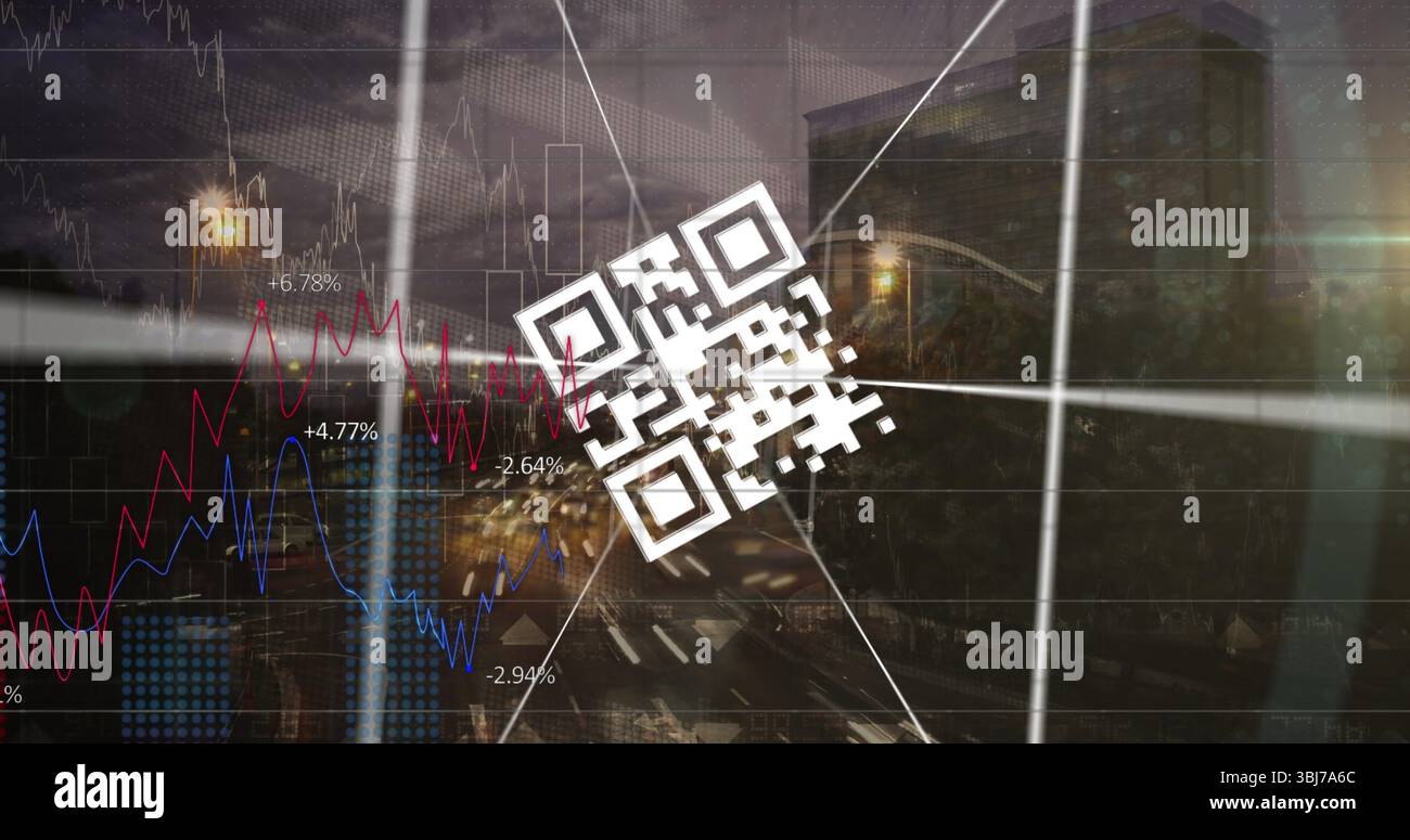 Displaying white QR code icon overlaying city street at night, with red ...