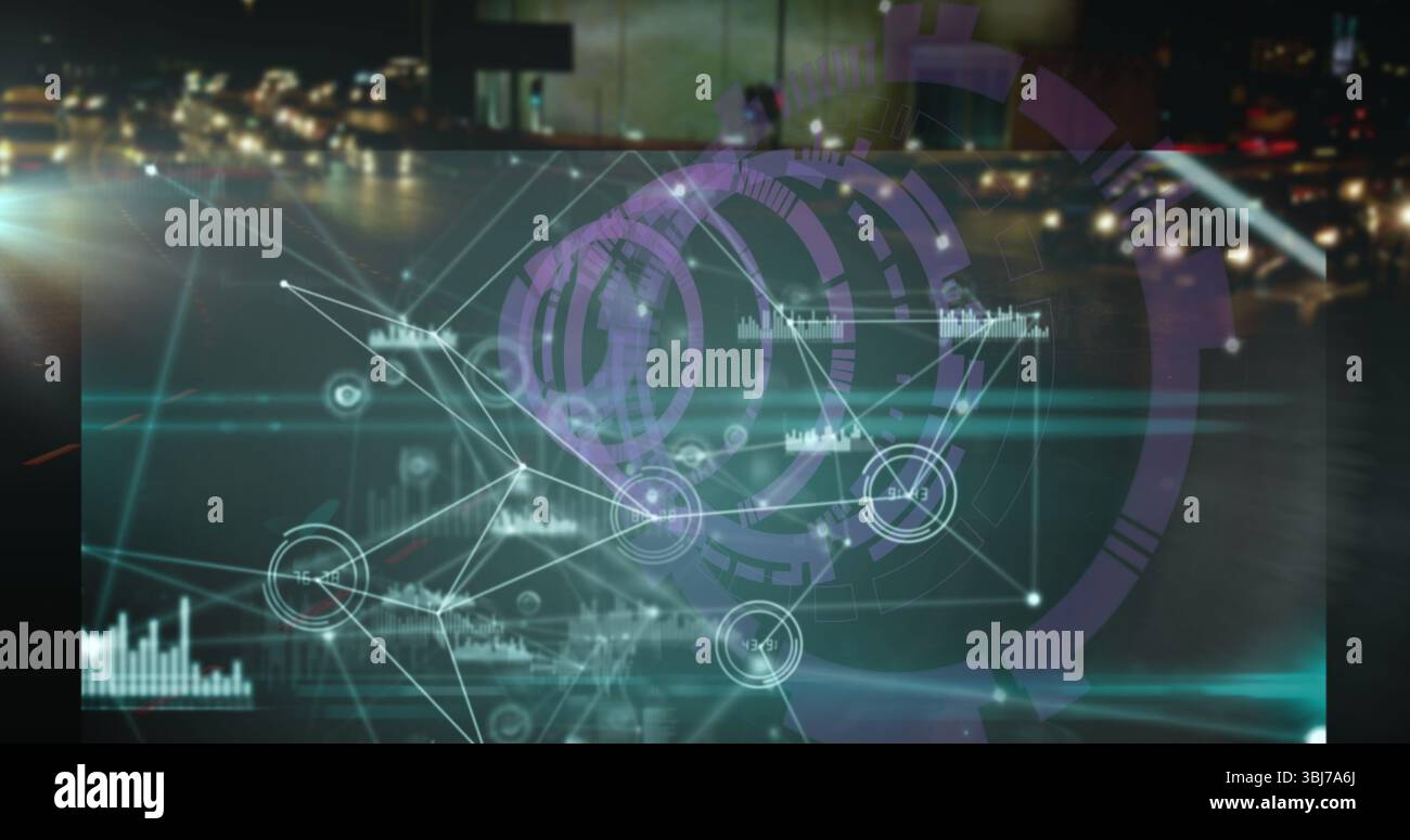 Projecting digital interface overlay over nighttime urban boulevard ...