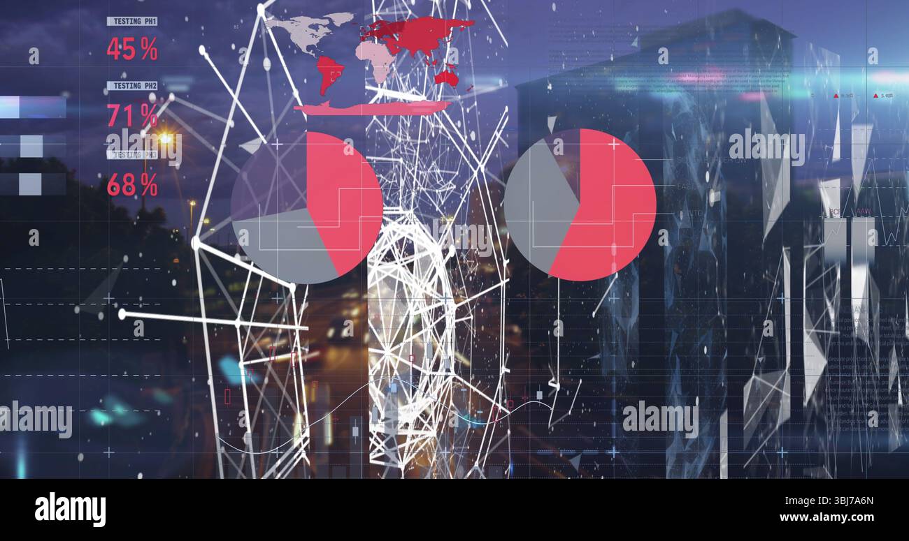 Displaying central wireframe globe over night city skyline, with pie charts, world map and ...