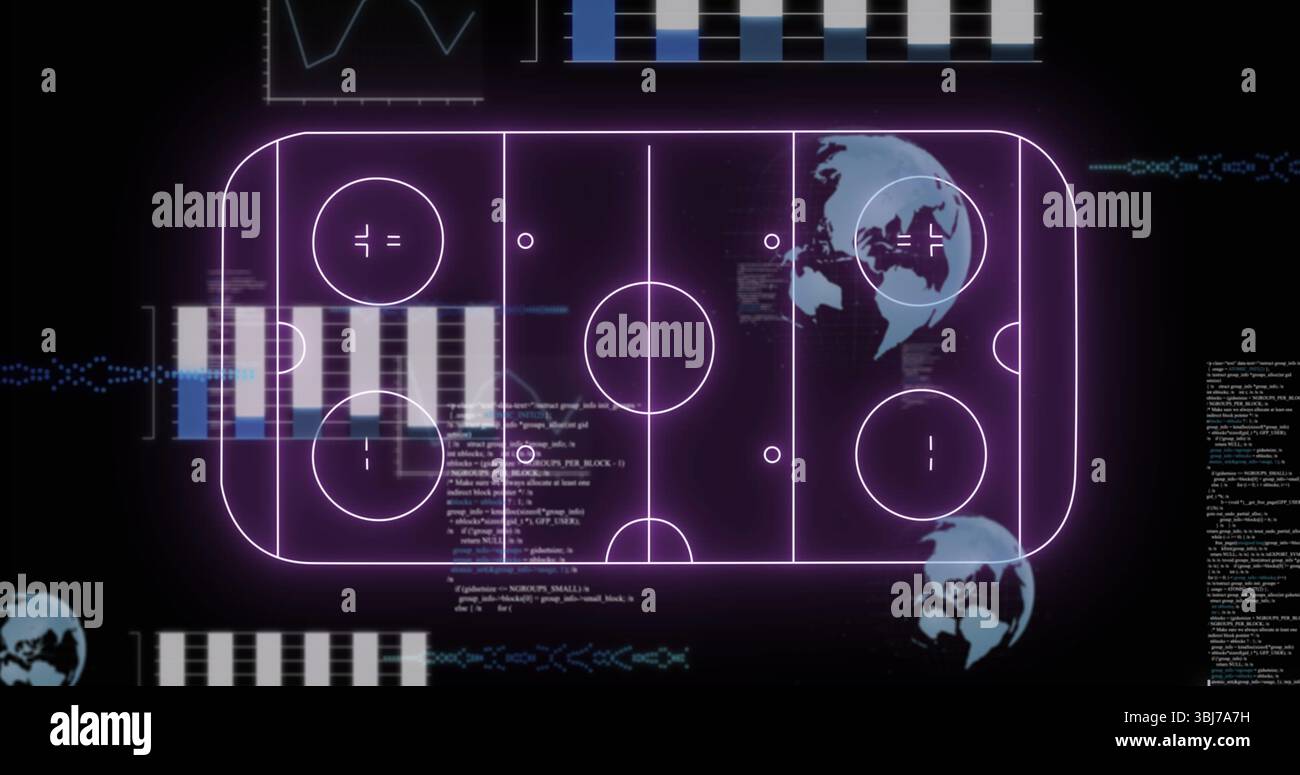 Showing neon purple arena schematic on dark dashboard with code blocks ...