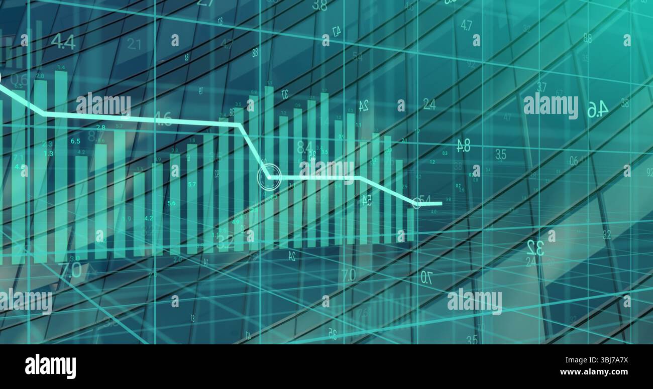 Displaying bar chart showing teal bars and white line plot on digital ...