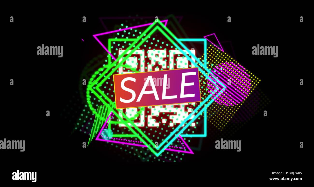 Displaying QR code on digital backdrop, with gradient SALE banner, neon ...