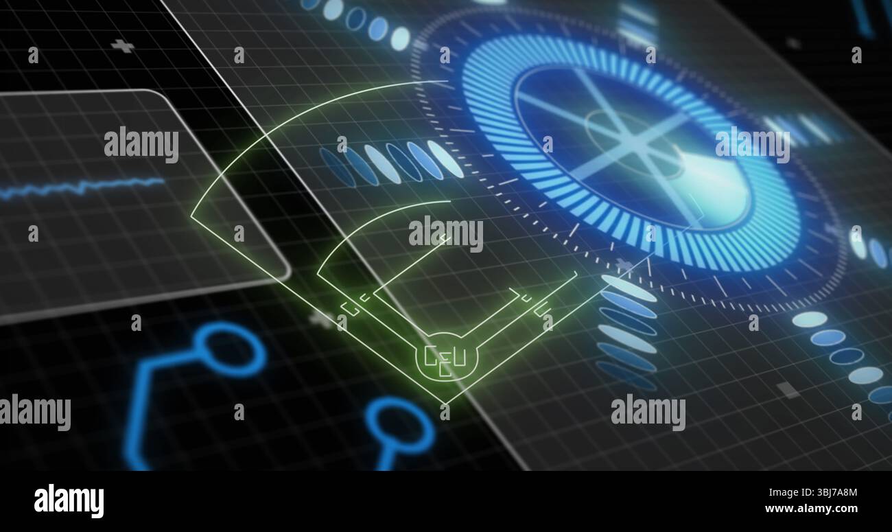 Displaying blue circular HUD over grid with green CPU icon, waveform ...