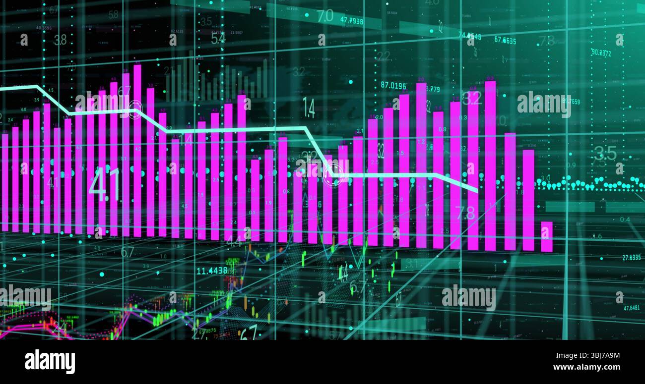 Displaying magenta bar chart rising on trading terminal, with teal grid ...