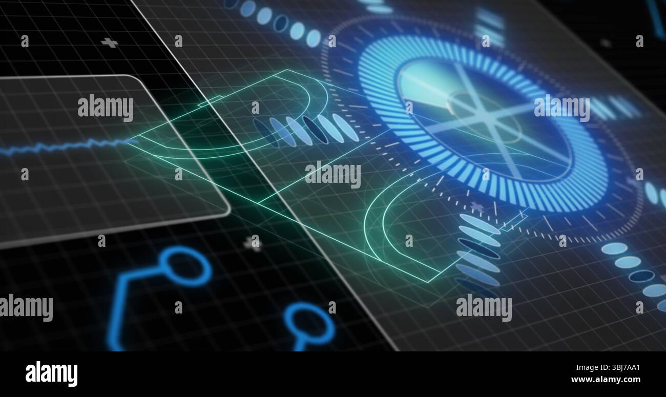 Displaying Glowing Circular Gauge Pulsing On Dark Grid With Waveform Traces And Node Connectors