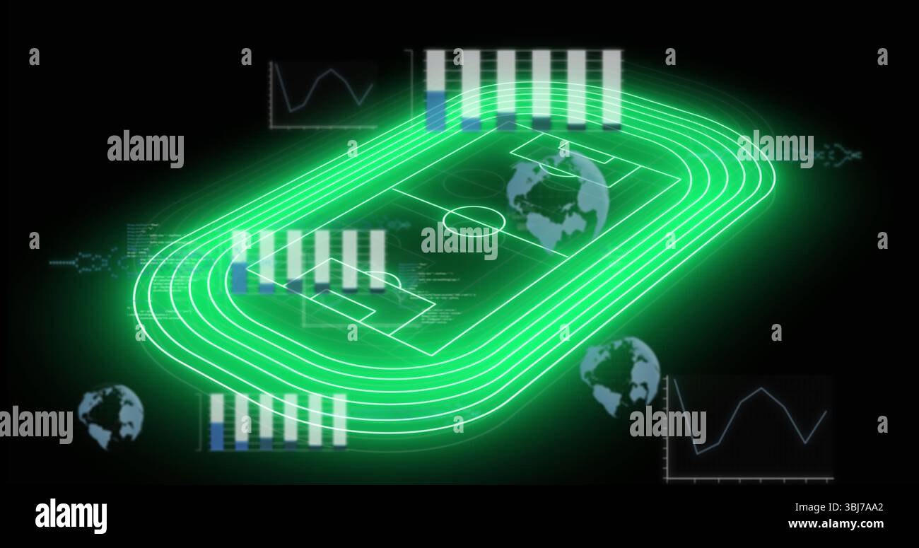 Displaying neon green oval track, soccer field lines, charts, code and ...
