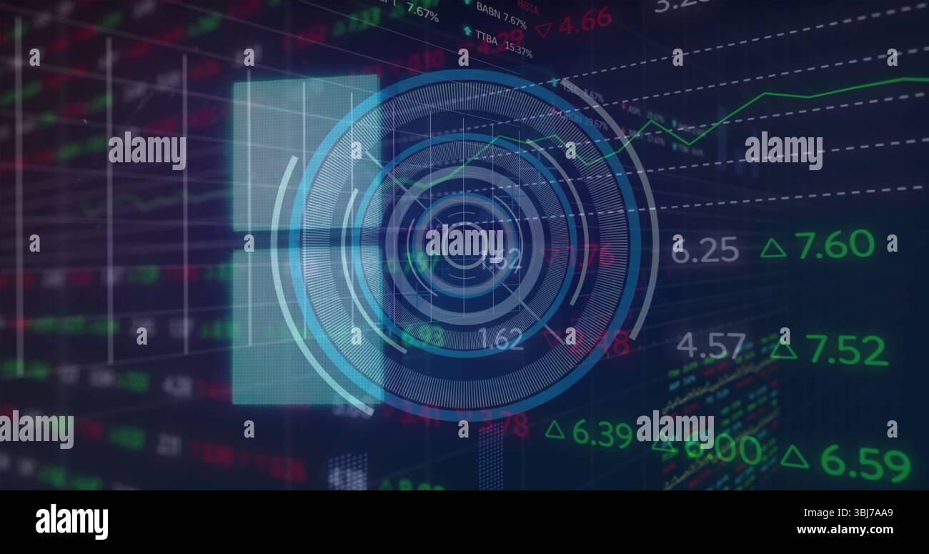Displaying Circular Data Hud Overlay On Finance Screen With Stock Ticker Symbols And Line Graph